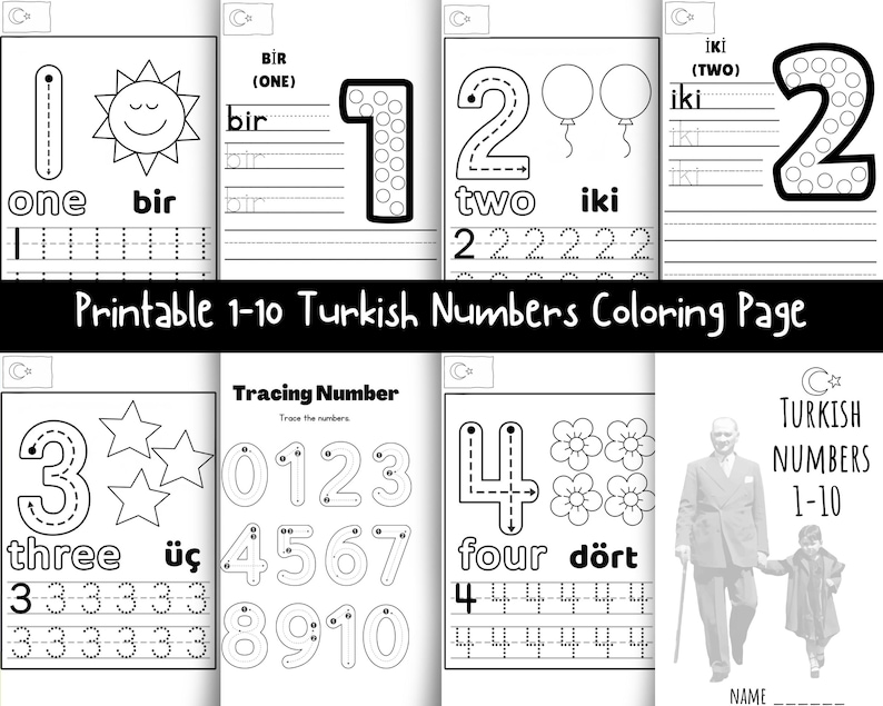 Turkish Numbers 1-10 Coloring Pages: Bilingual Learning (PDF Pattern ...