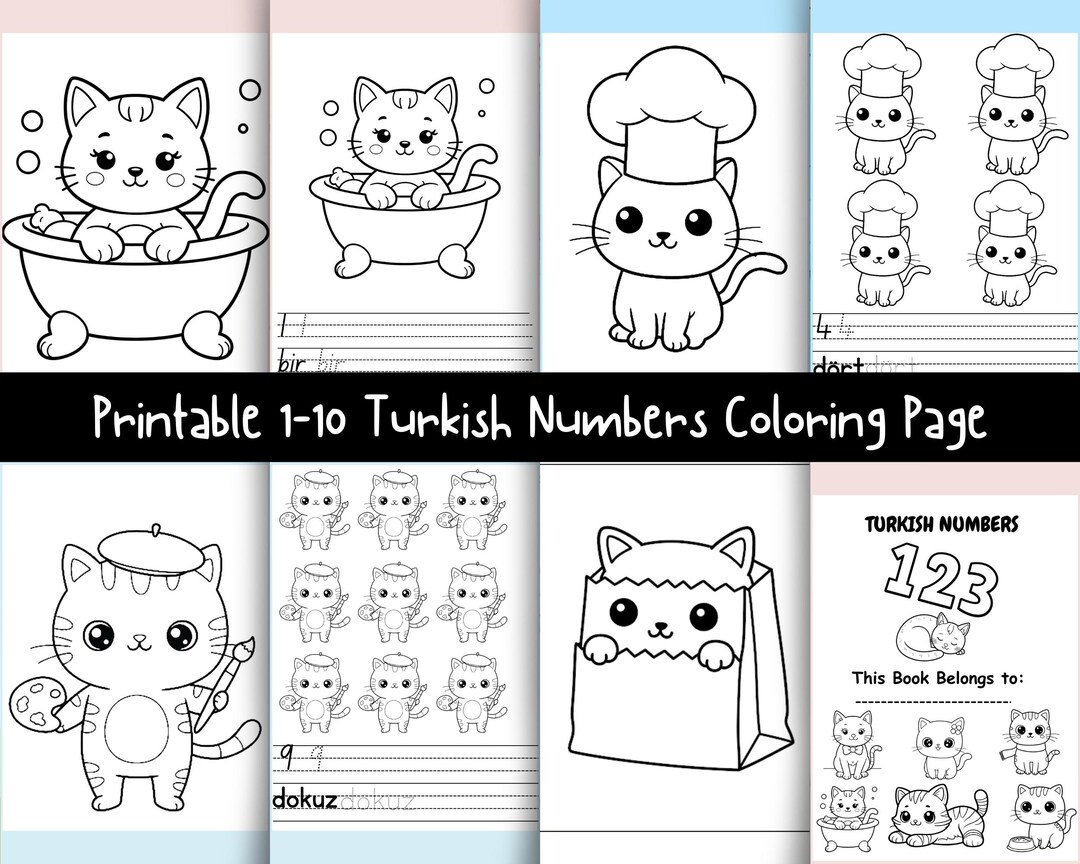 Turkish Numbers 1-10 Coloring Pages, Cozy Cats Printable (PDF) - Etsy