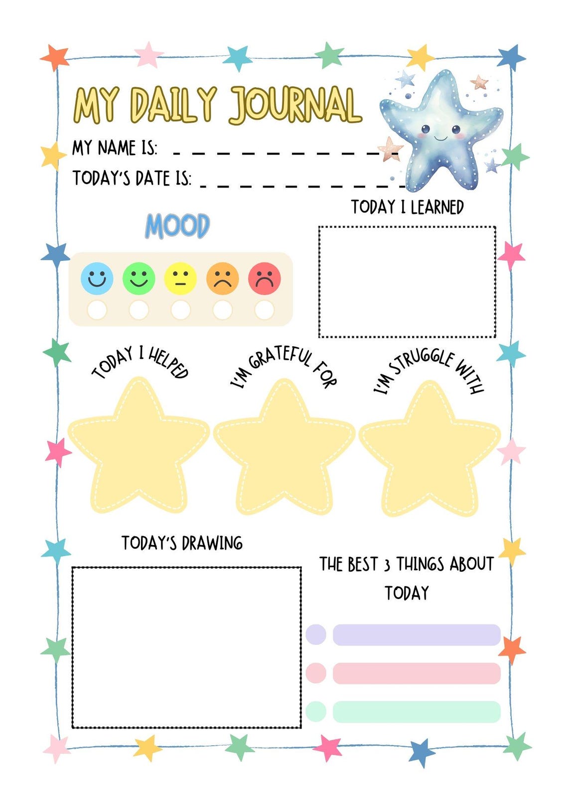 Kids Daily Journal Page, Printable Kids Journal, Kids Self Development ...