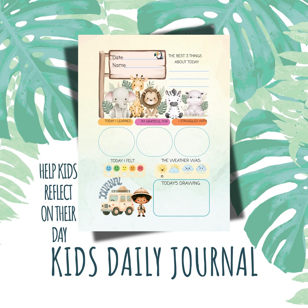 Kids Daily Reflection Journal – Cute Safari Animals Printable Worksheet ...