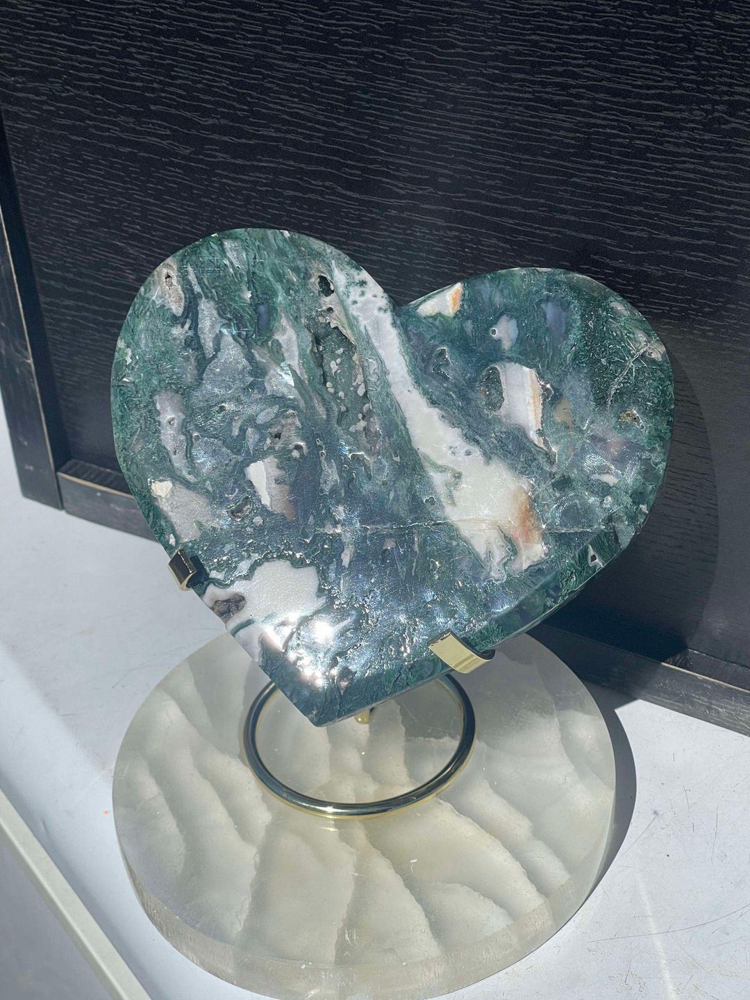 Large Moss Agate Heart With Stand - Etsy