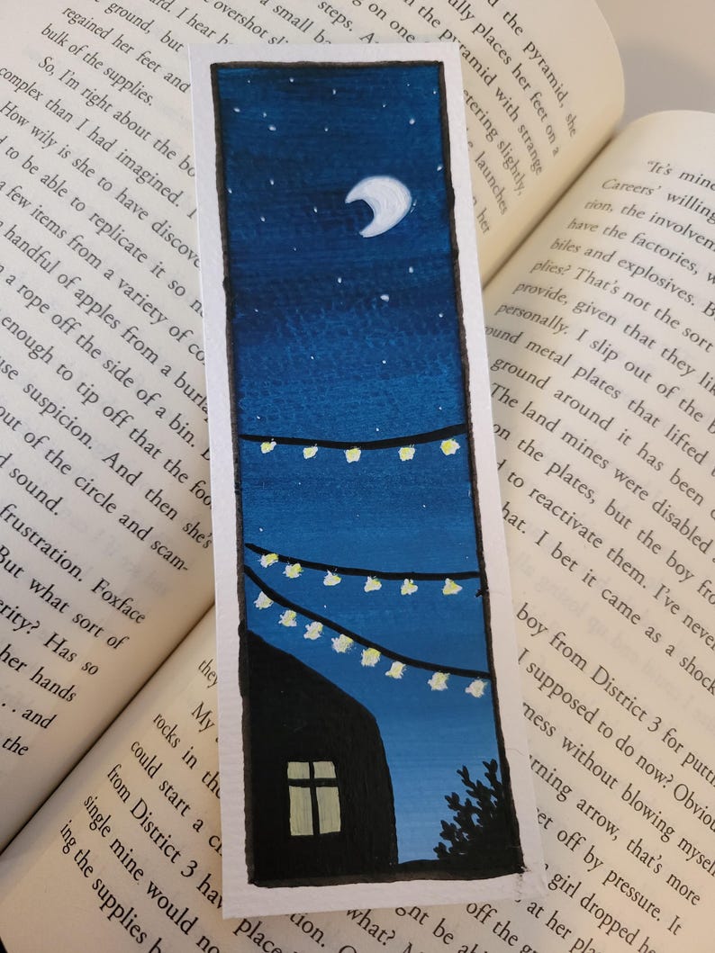 Hand Painted Night Sky Bookmark: Crescent Moon String Lights (6x2 In ...