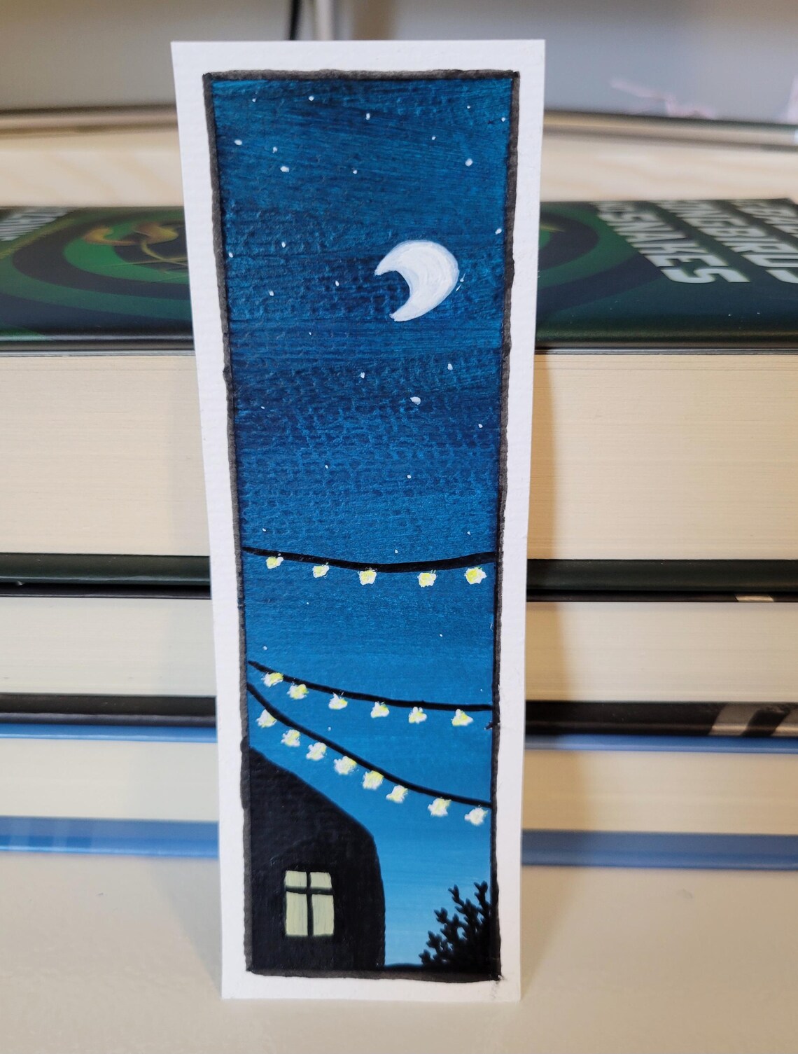Hand Painted Night Sky Bookmark: Crescent Moon String Lights (6x2 In ...