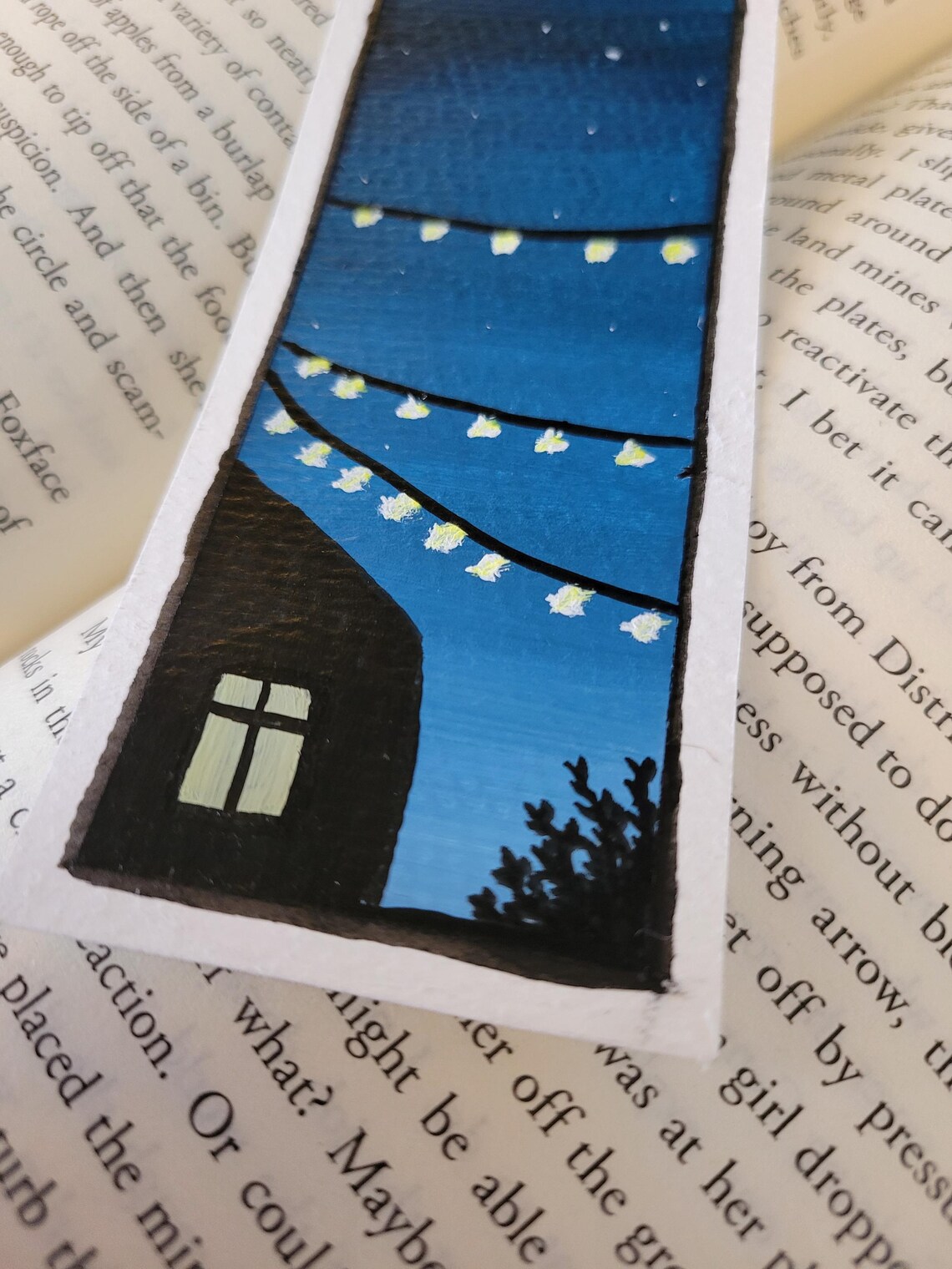 Hand Painted Night Sky Bookmark: Crescent Moon String Lights (6x2 In ...
