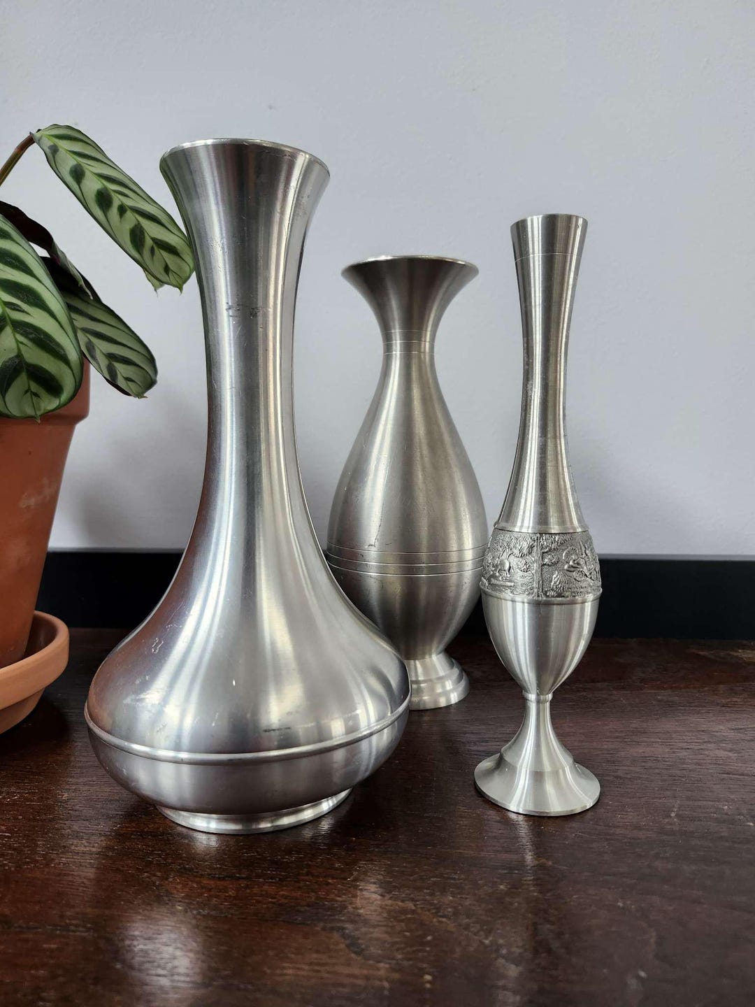 Vintage Pewter Vases 3 Pieces Set as is Mantel Decor Centerpieces ...