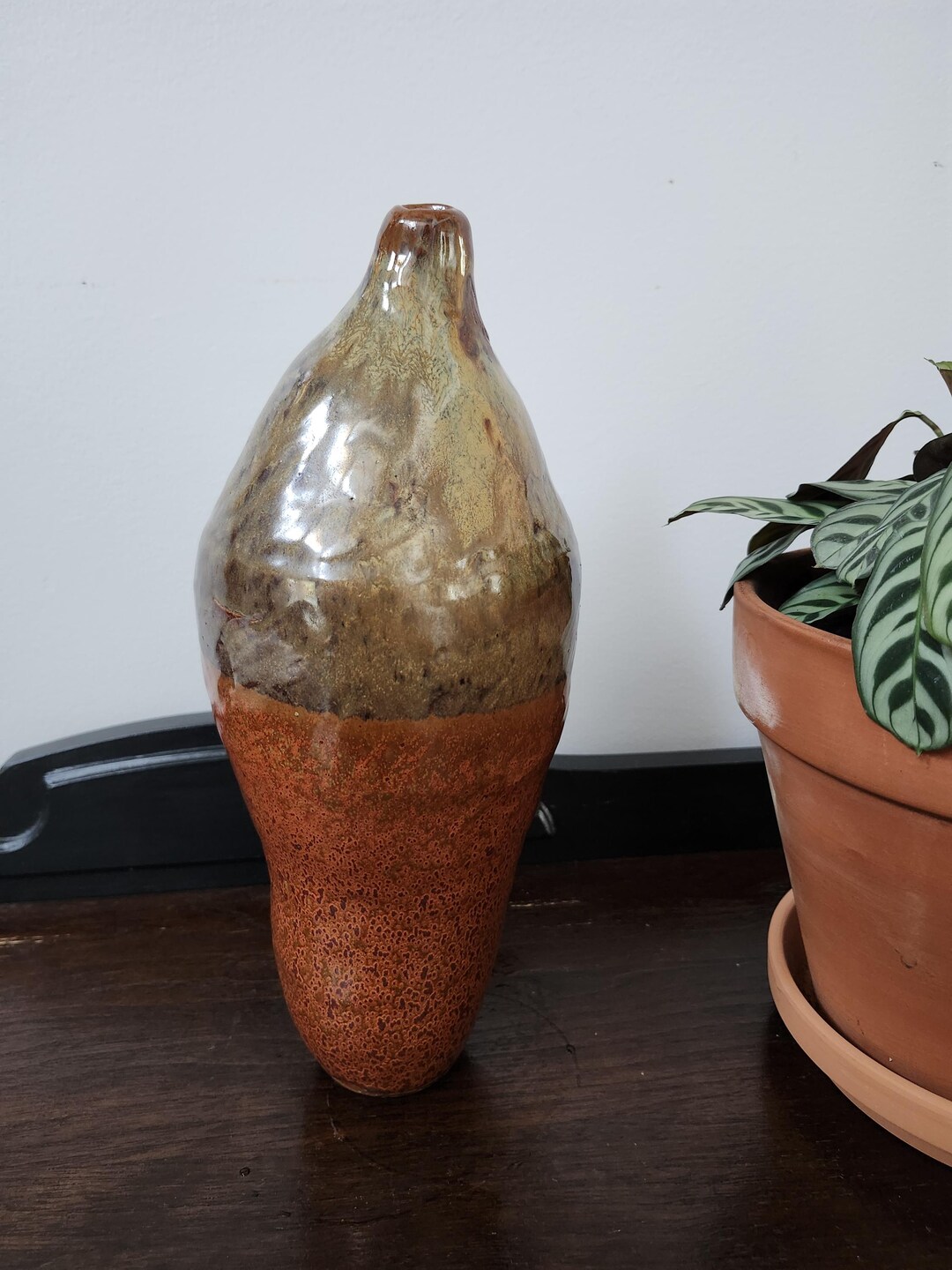 Oddly Shaped Vase Curiosity Pottery Unusual Shape Glazed Orange Brown ...