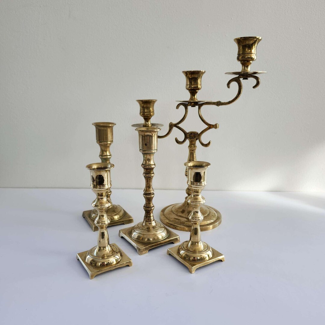 Vintage Brass Candle Holder Set: MCM Candelabra & Single Candlesticks ...