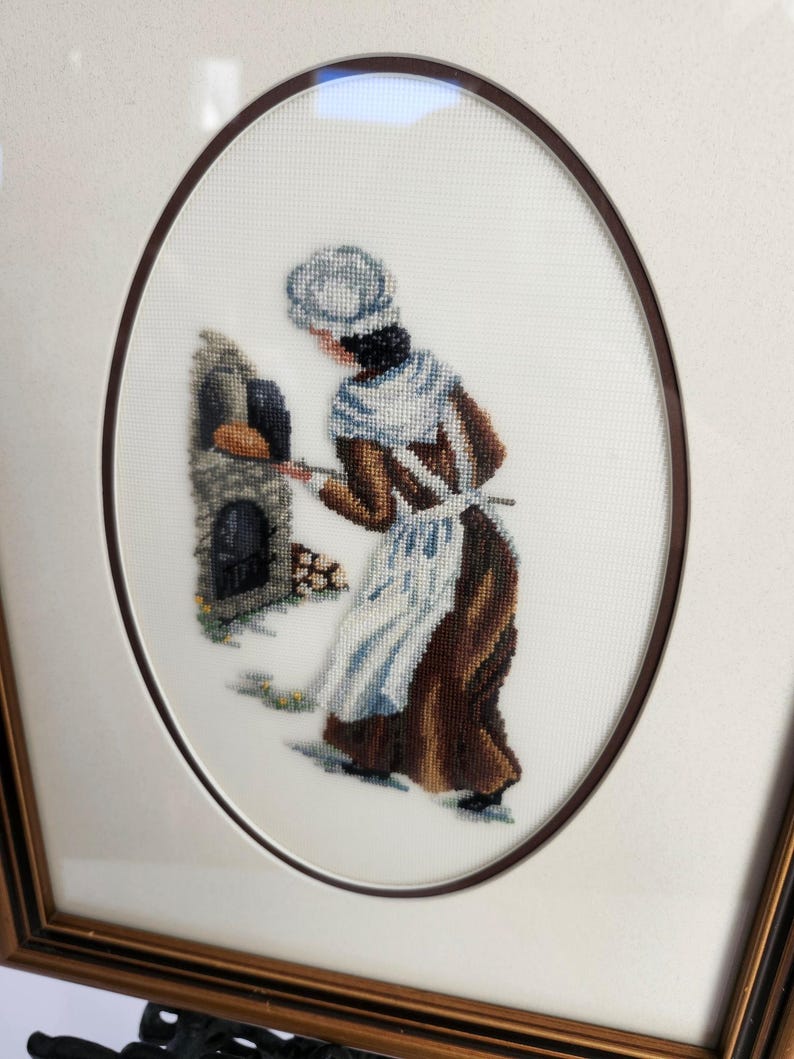 Vintage Hearth Cross Stitch Framed Needlepoint Woman Baking Bread ...