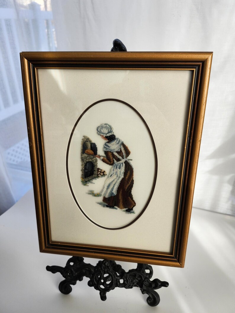 Vintage Hearth Cross Stitch Framed Needlepoint Woman Baking Bread ...