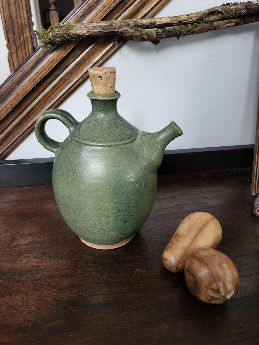 Vintage Pottery Jug Kettle With Cork Green Matte Glaze Jug Signed ...