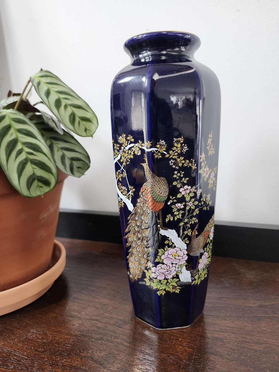 Cobalt Blue Peacock Vase With Beveled Sides Made in Japan Blue Birds ...