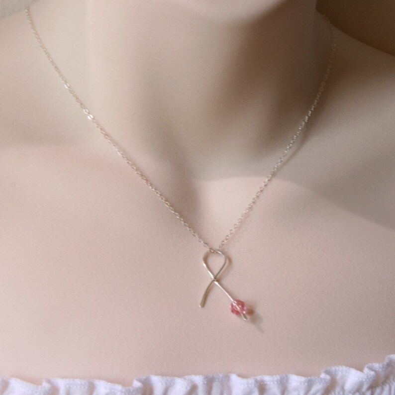 Breast Cancer Necklace . Pink Ribbon Necklace . Sterling Silver ...