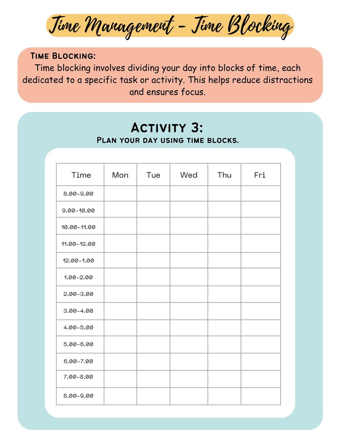 Time Management Worksheet - Etsy