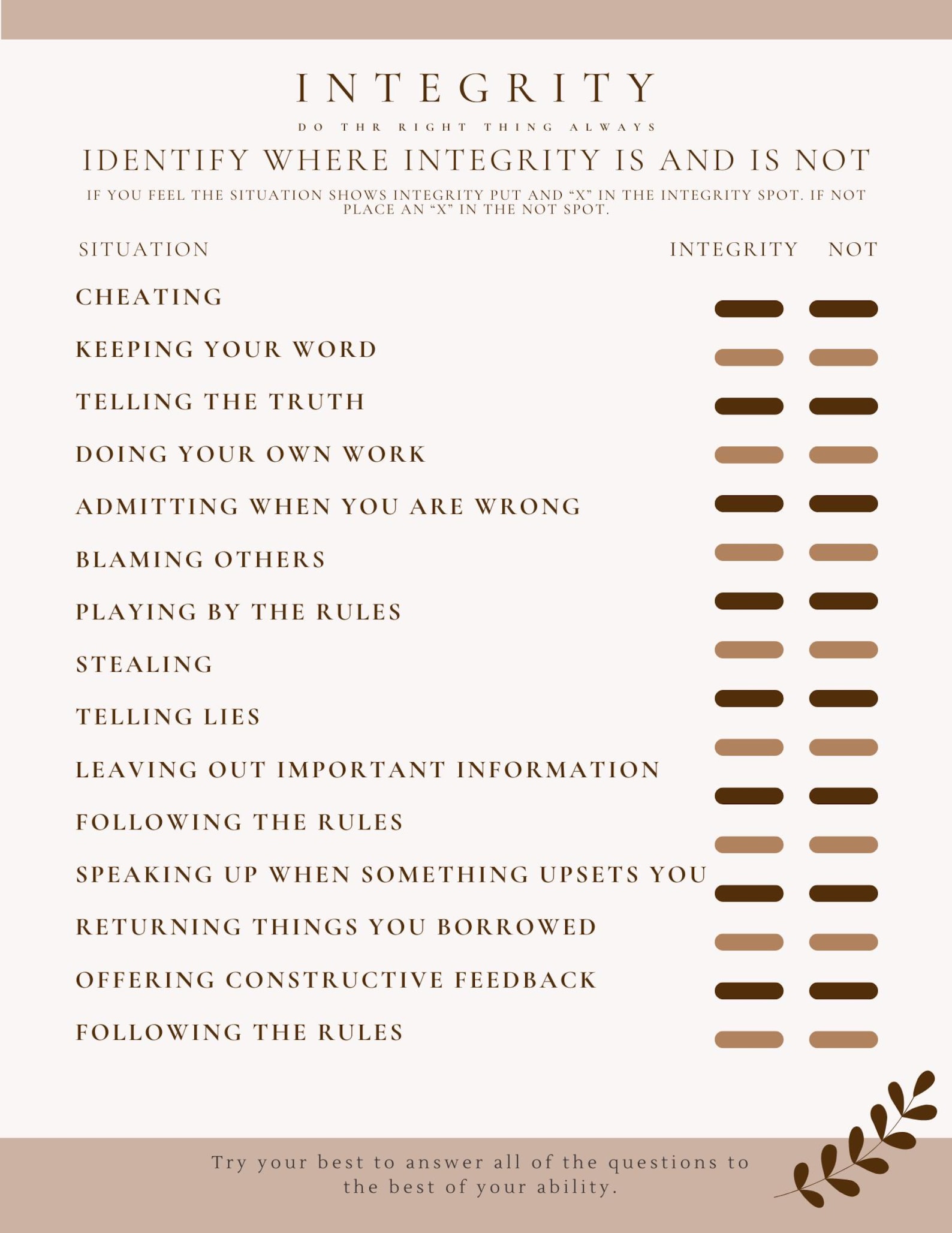 Integrity Worksheet - Etsy