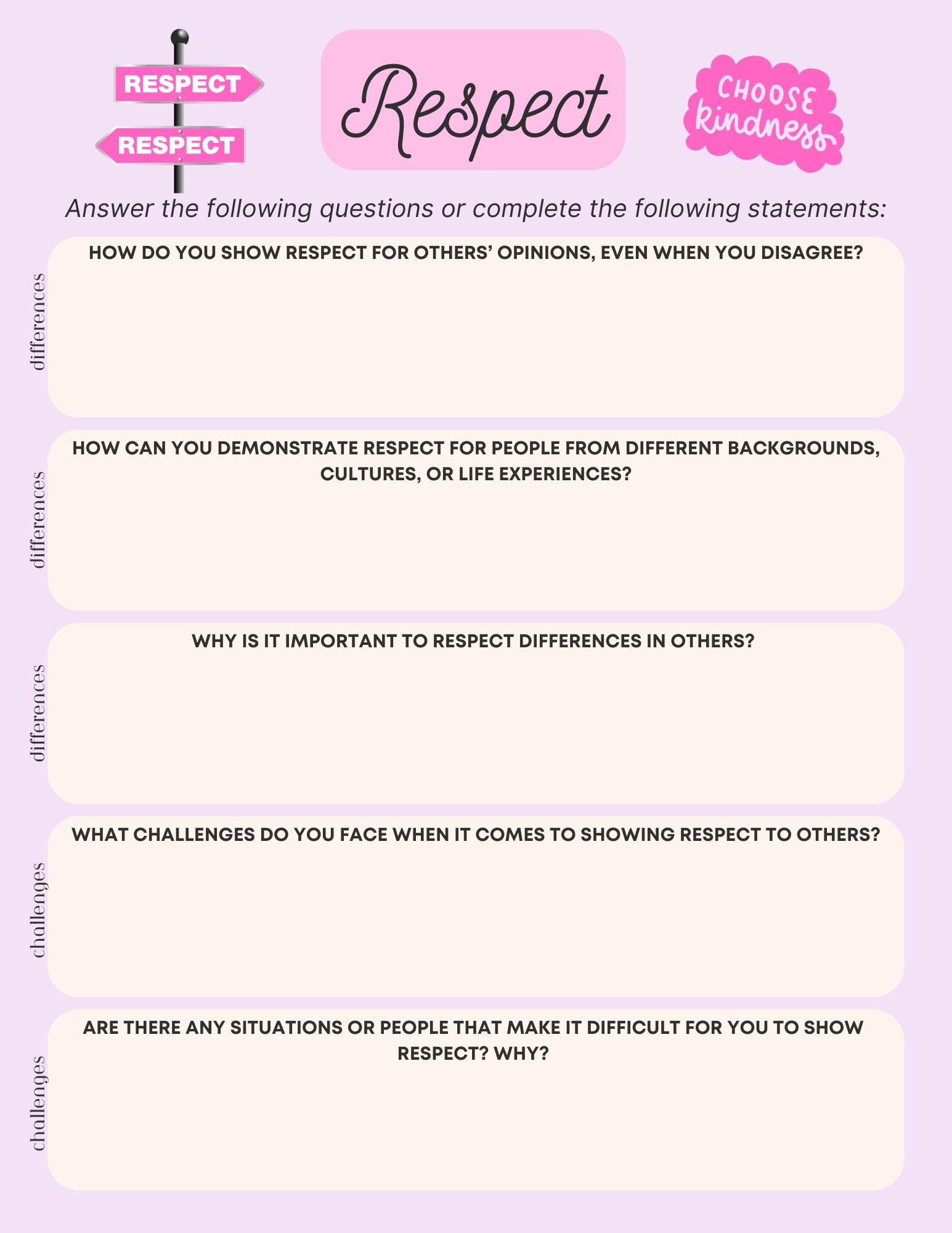 Respect Worksheet - Etsy