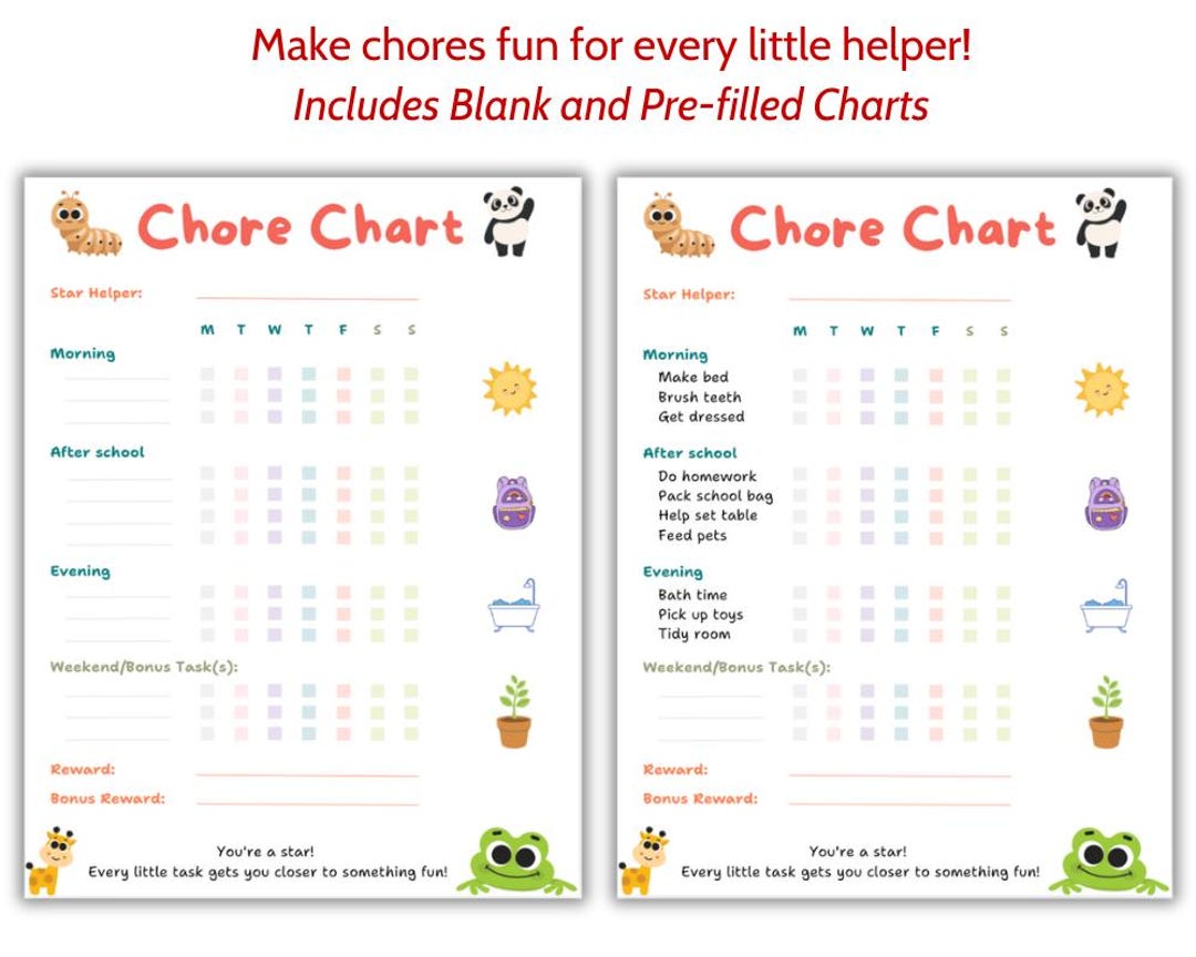 Pre-filled and Blank Daily Kids Chore Chart - 2-in-1 Bundle - Task ...