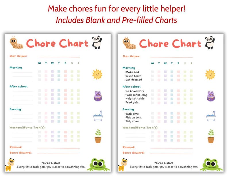 Pre-filled and Blank Daily Kids Chore Chart - 2-in-1 Bundle - Task ...