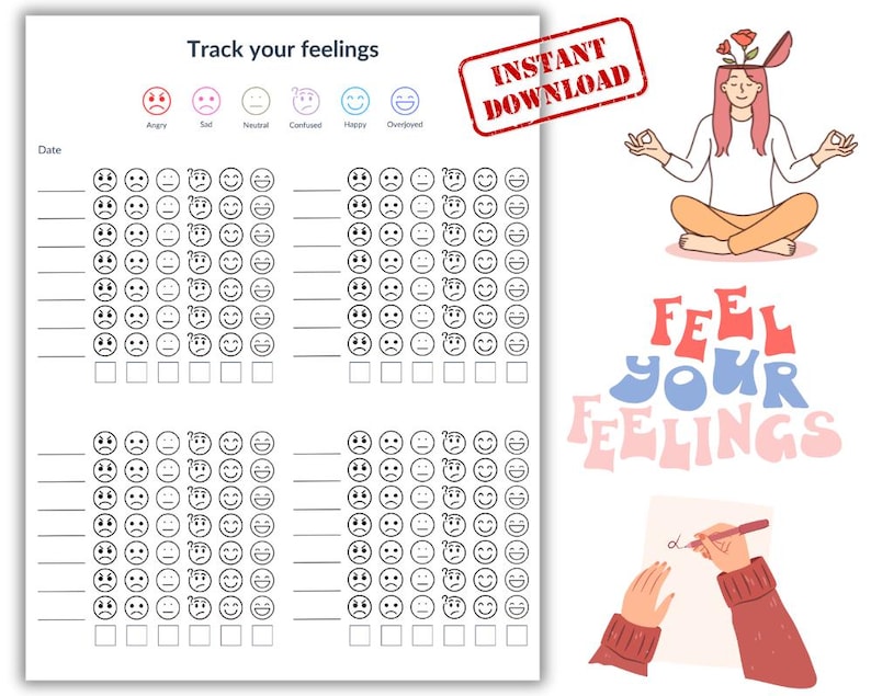 Printable Daily Emotions Tracker | Digital Mood Worksheet | Mental ...