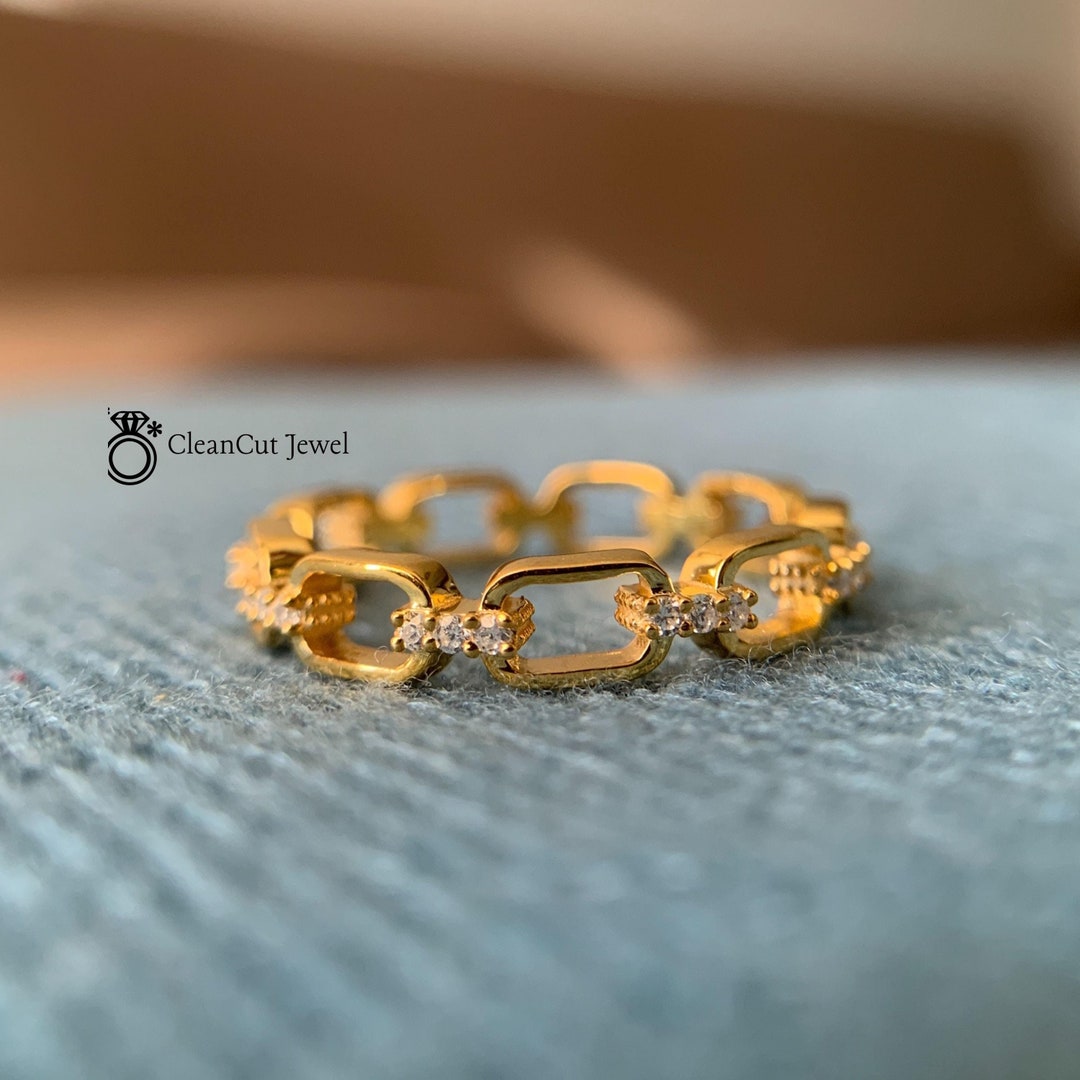 14k Gold Chain Ring, Solid Gold Link Chain Ring, Dainty Stacking Ring ...