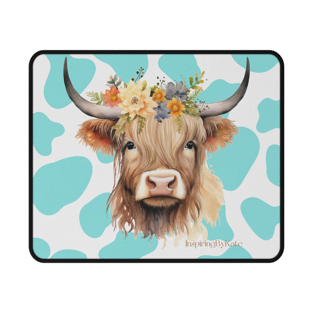 Highland Cow With Flowers Gaming Mouse Pad, Non-slip Desk Mat, Cute Cow ...