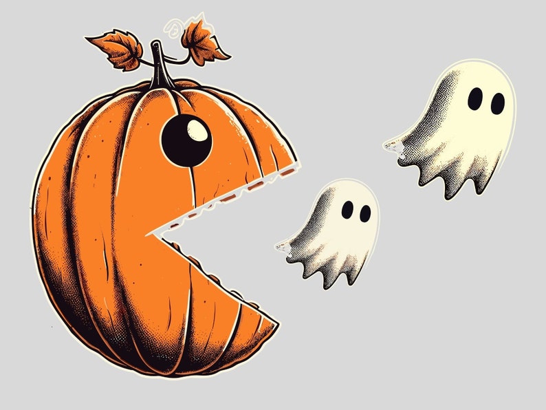 Halloween Pumpkin and Ghost PNG, Pac-man Character Chasing Ghosts ...