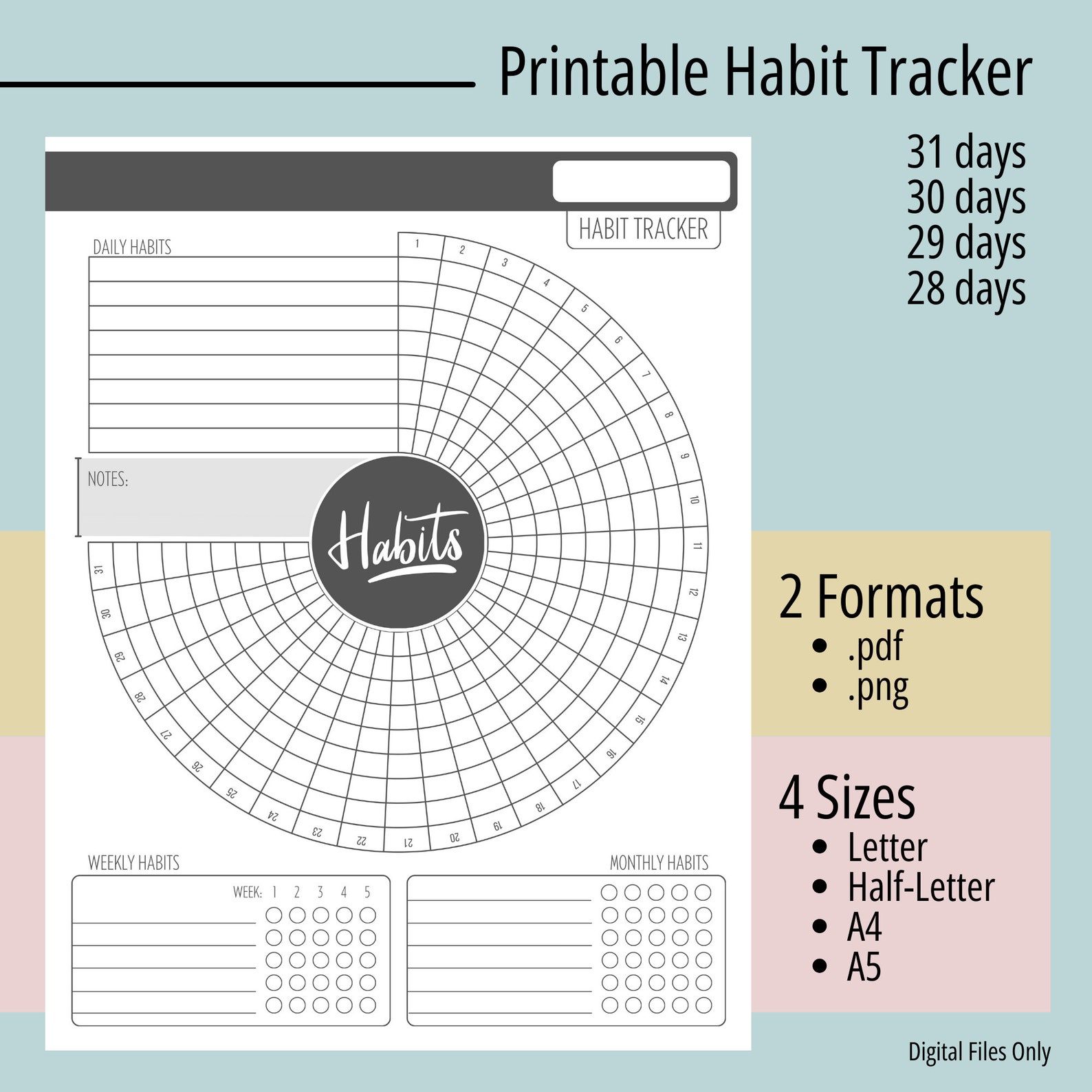 Habit Tracker Printable | Letter, Half-letter, A4, A5 - Instant ...