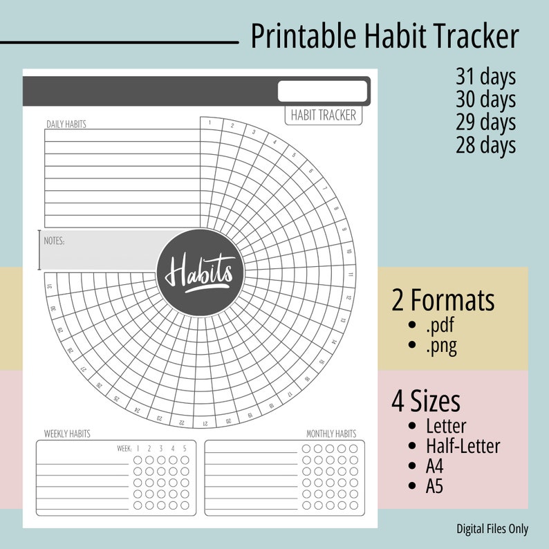 Habit Tracker Printable | Letter, Half-letter, A4, A5 - Instant ...