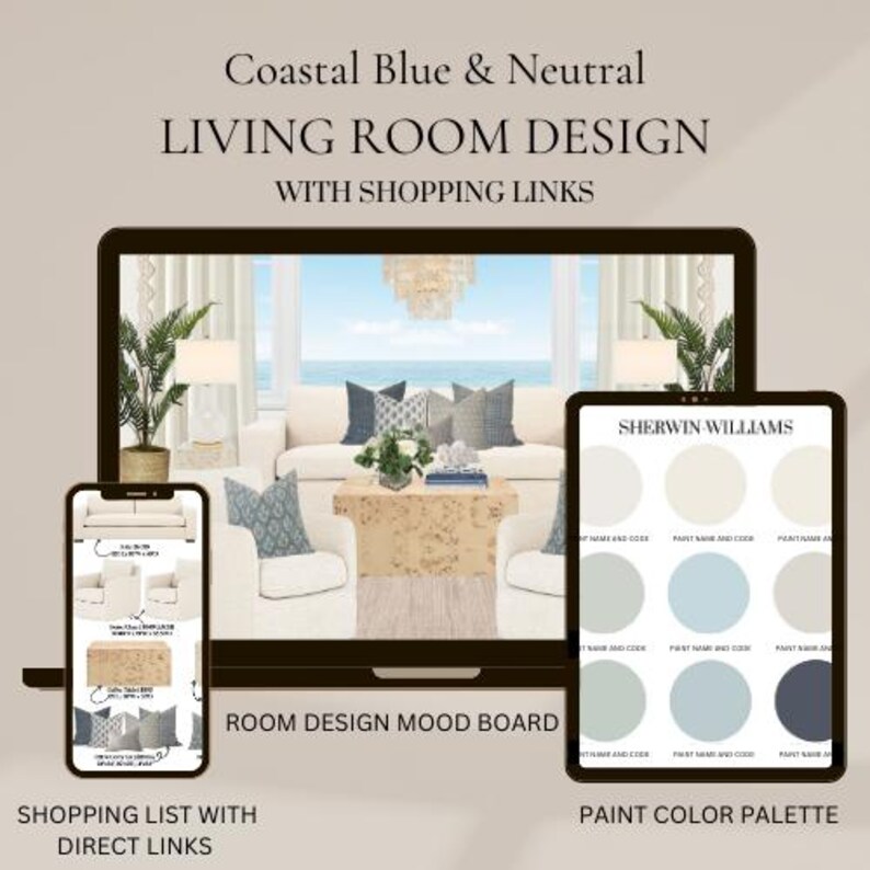 Coastal Blue and Neutral Living Room Design Mood Board Contemporary ...