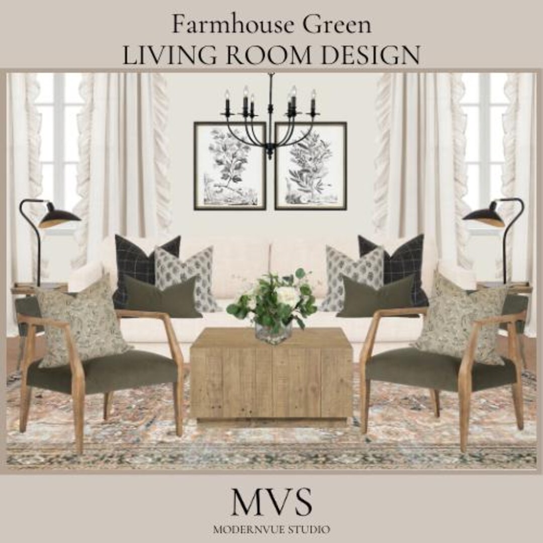 Farmhouse Green Living Room Design Mood Board Rustic Contemporary ...