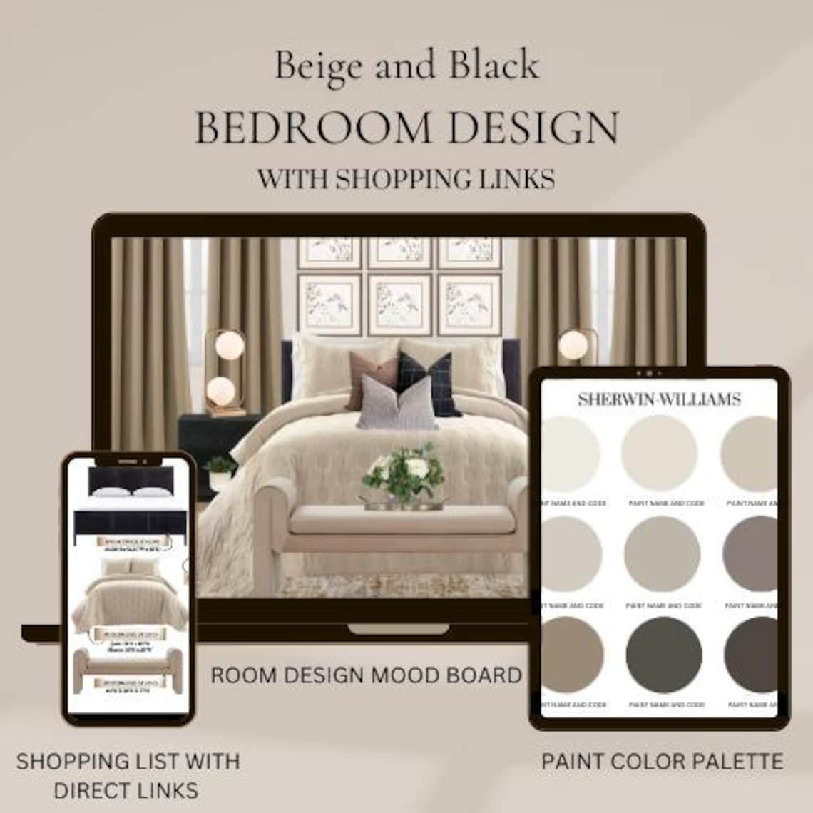 Beige and Black Bedroom Design Mood Board Neutral Contemporary Interior ...