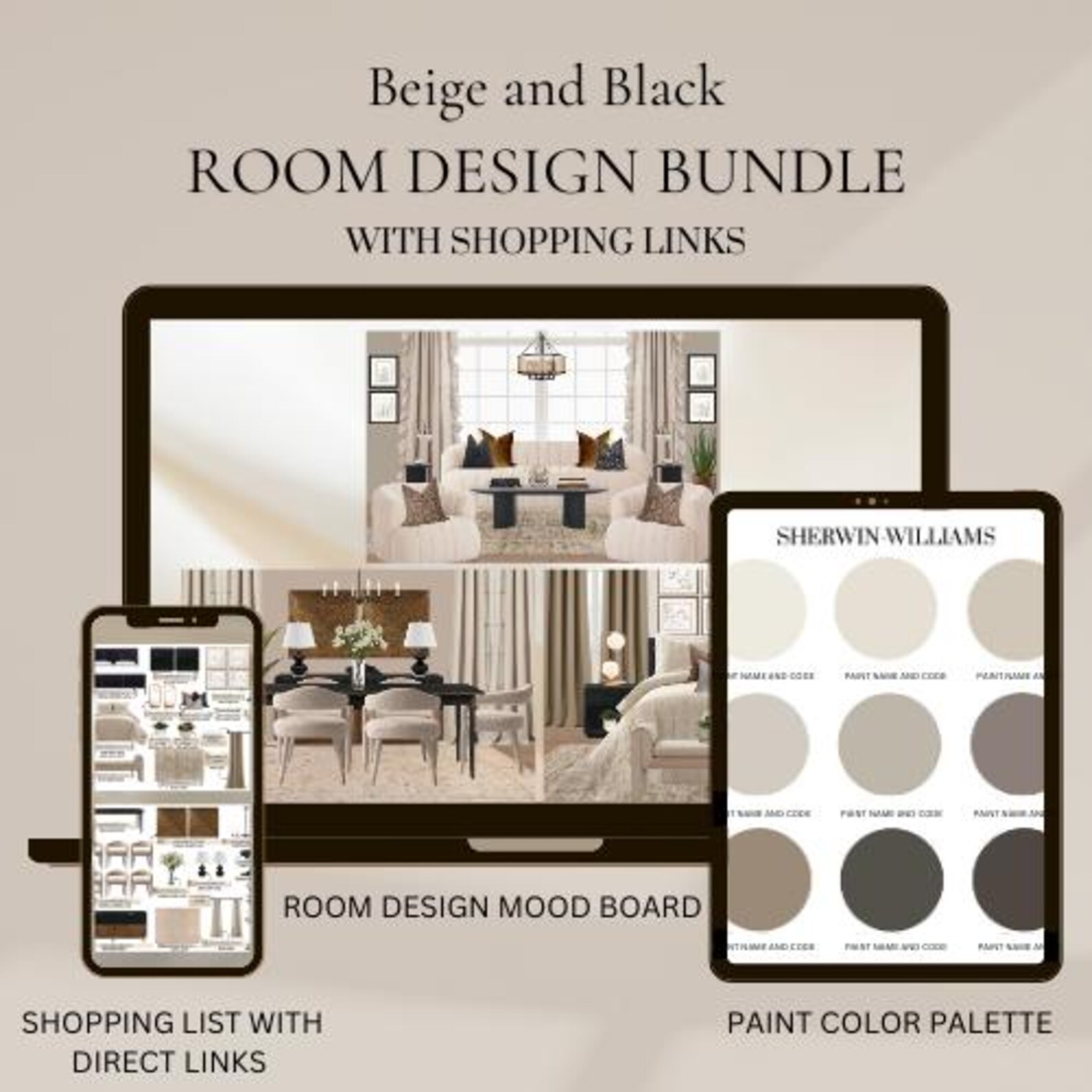 Beige and Black Room Design Mood Board Bundle Living Room, Dining Room ...