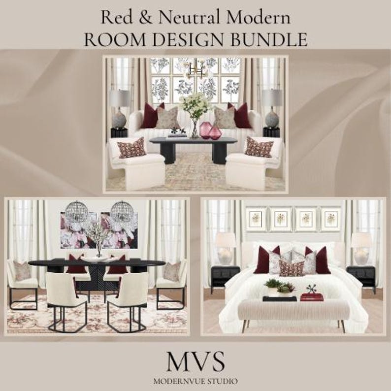 Red and Neutral Modern Design Mood Board Bundle Living Room, Dining ...