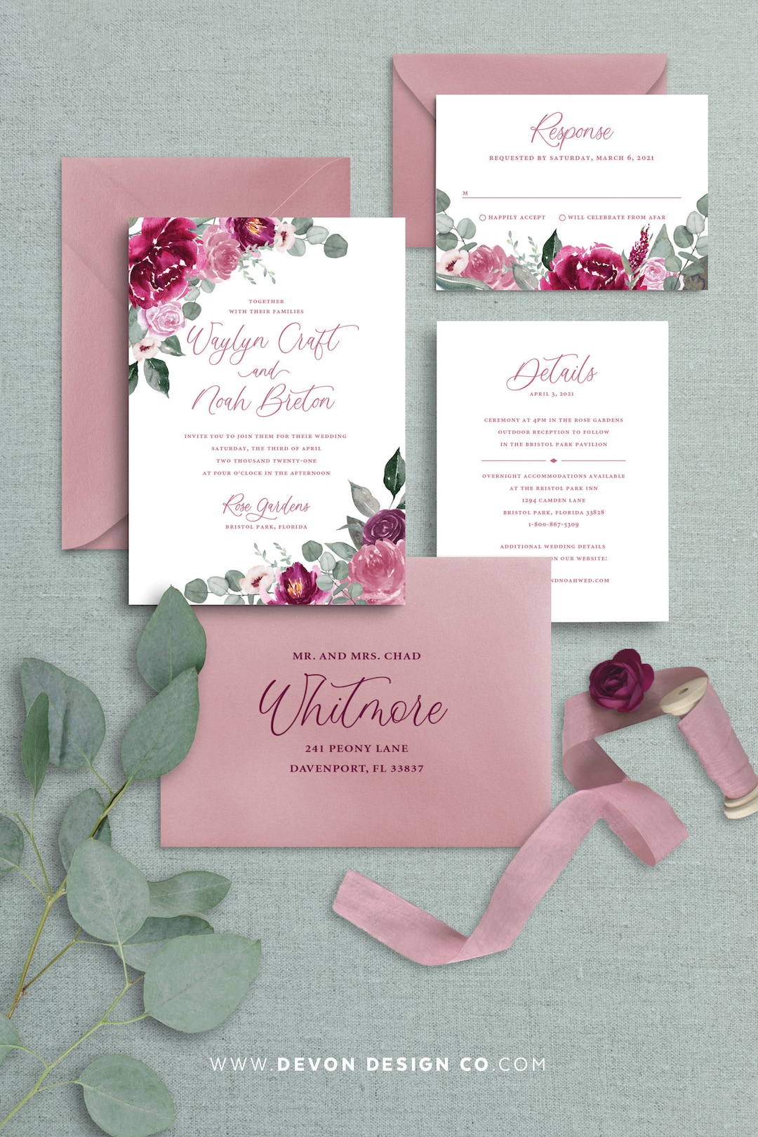 Magenta Floral Wedding Invitations, Fuchsia Wedding Invitations With ...
