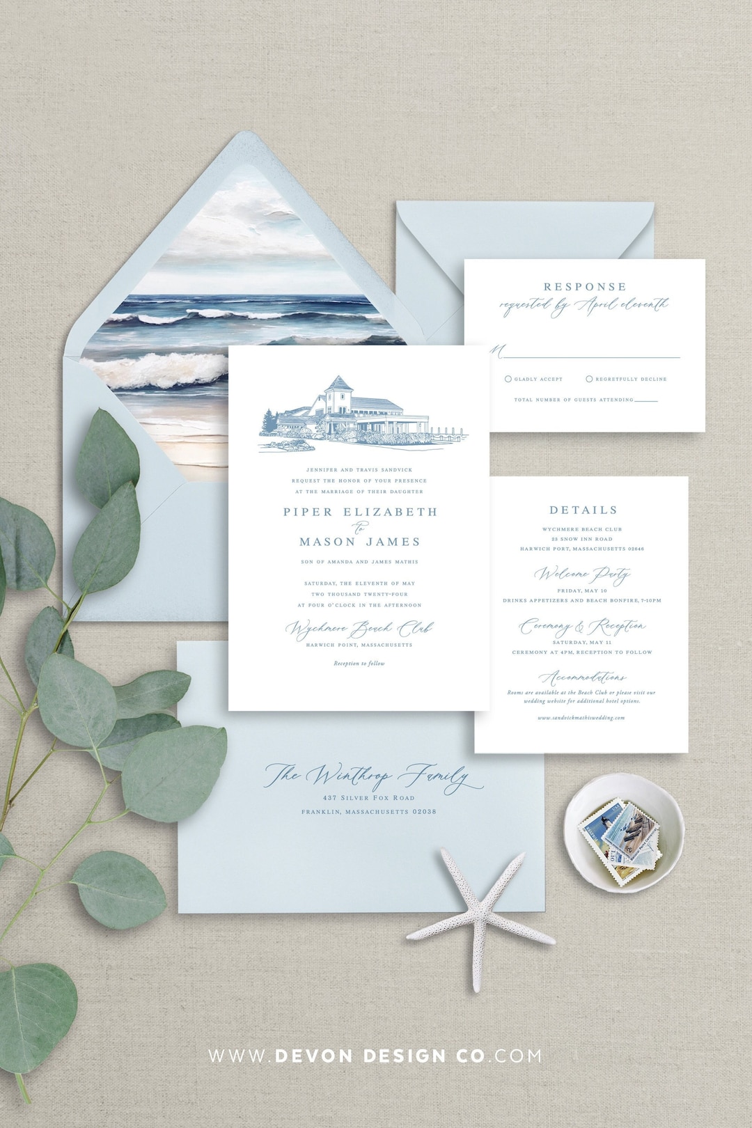 Custom Venue Sketch Wedding Invitation for Coastal, Beach, Light Blue ...
