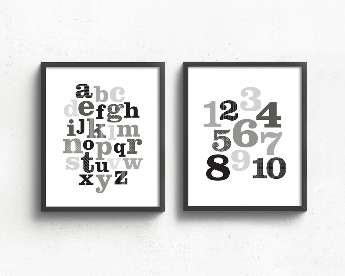 Abc art print black and white nursery decor ABC 123 print | Etsy