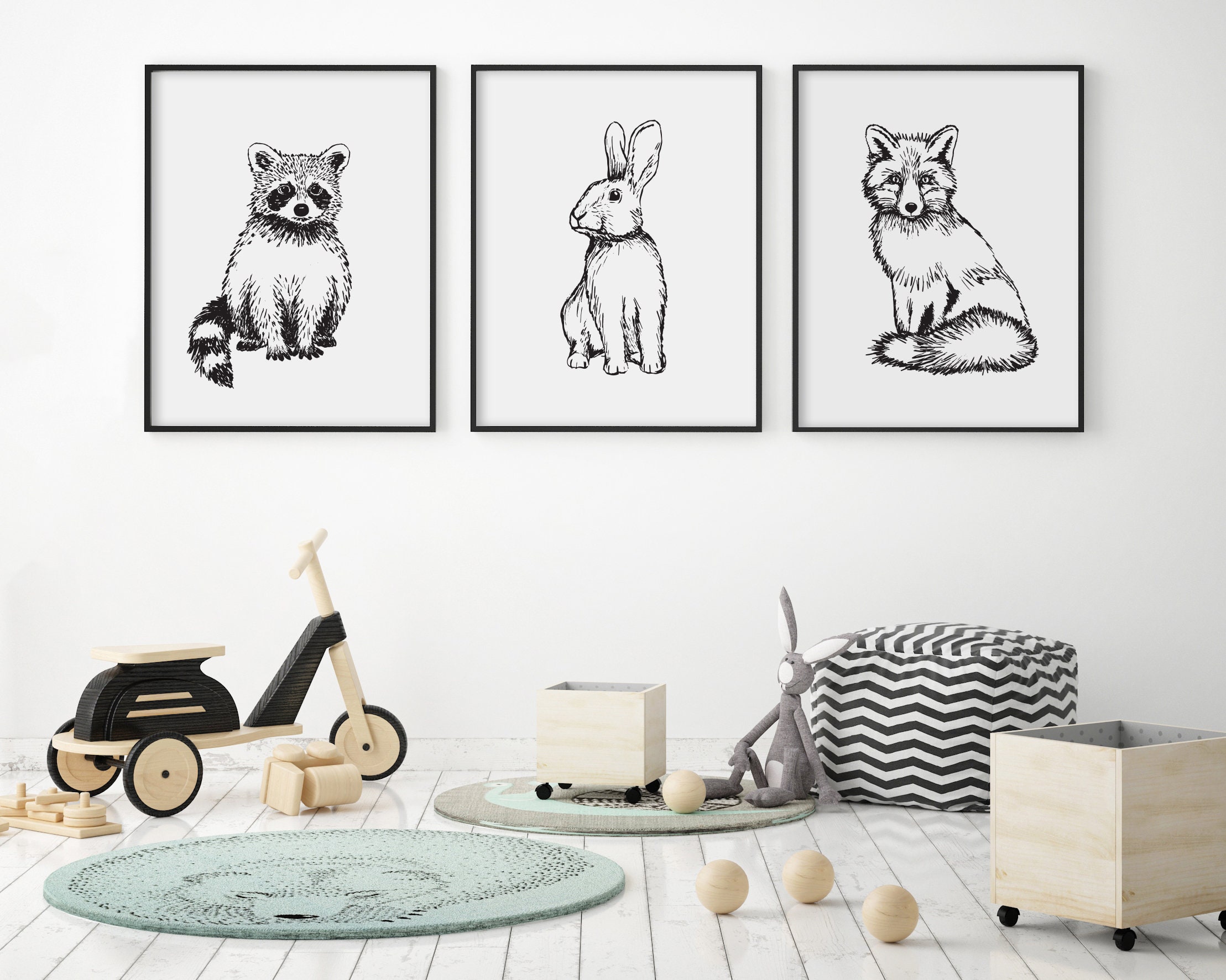 Woodland animal art prints animal nursery art sketched | Etsy