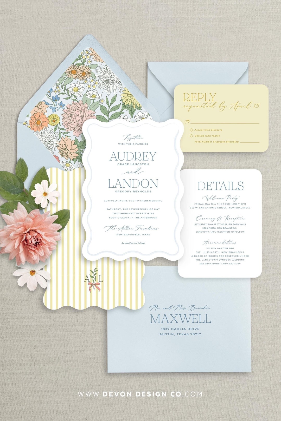 Wavy Modern Floral Wedding Invitation, Colorful Pastel Wedding ...