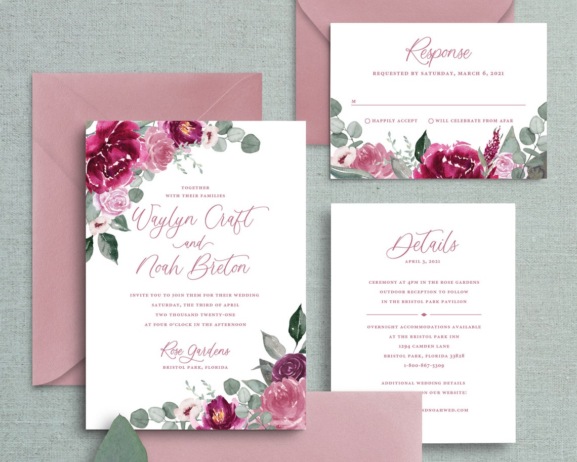 Magenta floral wedding invitations fuchsia wedding | Etsy