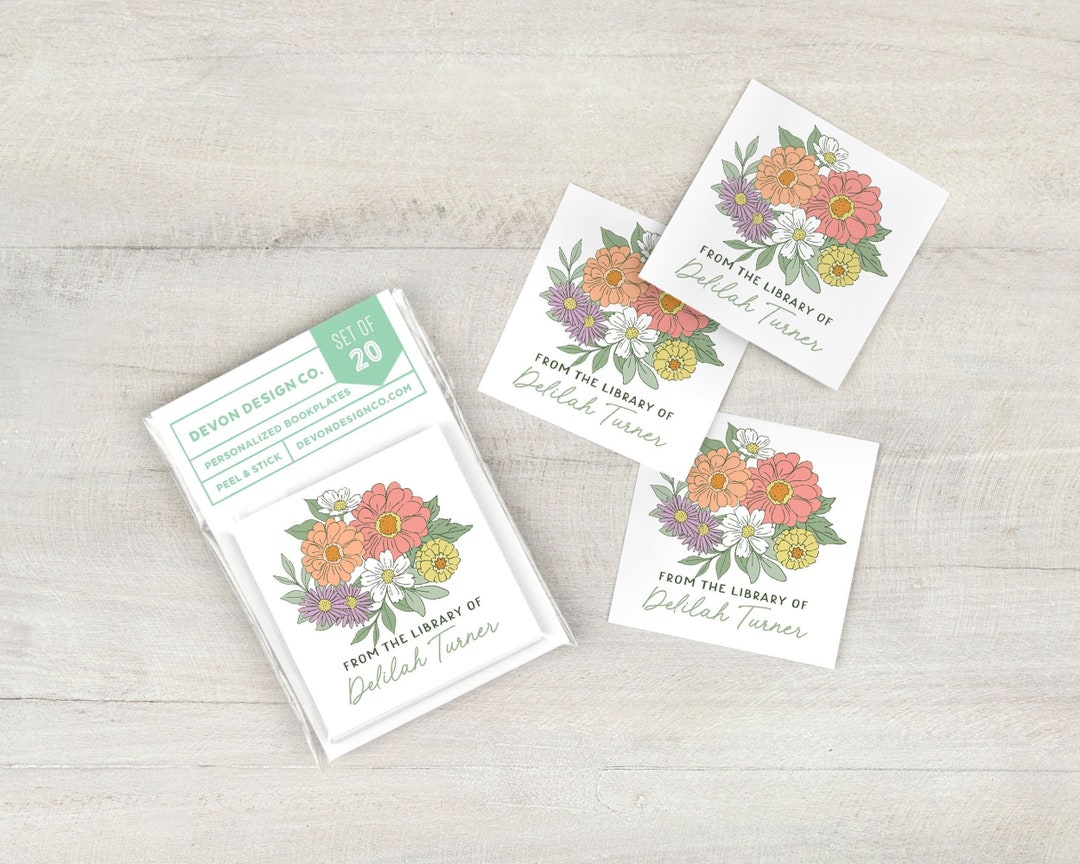 Personalized Floral Book Labels: Zinnia Bookplate Stickers (set of 20 ...