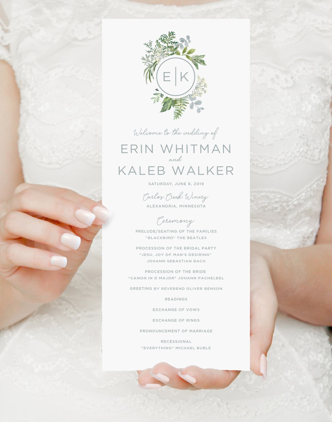 Botanical Wedding Program, Dusty Blue Wedding Programs, Greenery ...