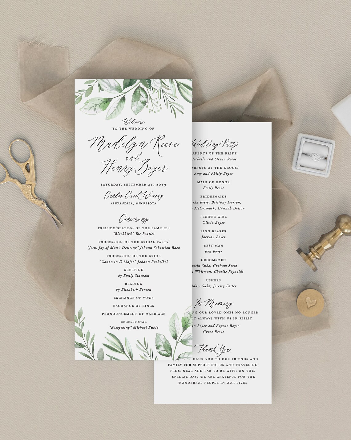 Greenery Wedding Program, Rustic Wedding Programs, Order of Service ...