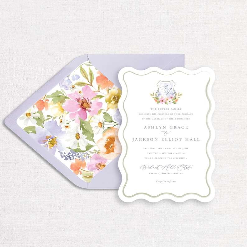 Wavy Edge Wedding Invitation: Lavender Watercolor Floral Suite - Etsy