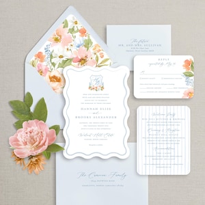 Wavy Colorful Crest Wedding Invitation, Watercolor Floral Wedding ...