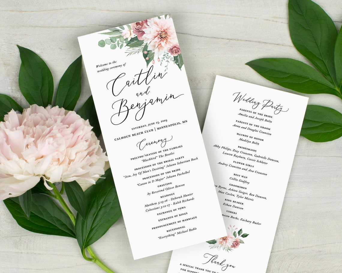 Blush Floral Wedding Program Dusty Rose Wedding Programs - Etsy