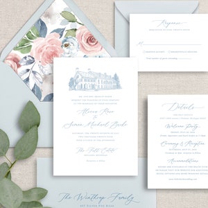 Light Blue Venue Sketch Invitation, Pastel Wedding Invitation With ...