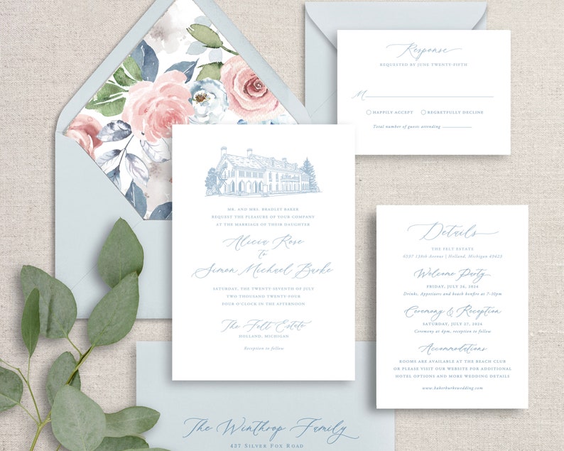 Light Blue Wedding Invitation With Custom Venue Sketch, Classic Pastel ...