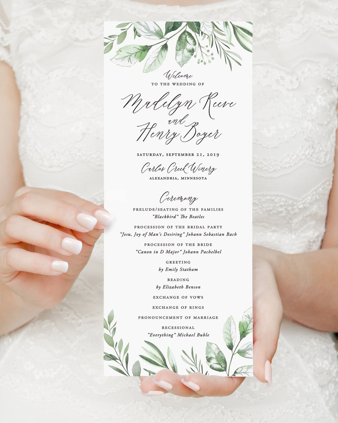 Greenery Wedding Program, Rustic Wedding Programs, Order of Service, Watercolor Foliage ...