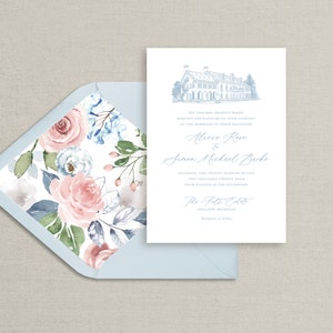 Light Blue Venue Sketch Invitation, Pastel Wedding Invitation With ...