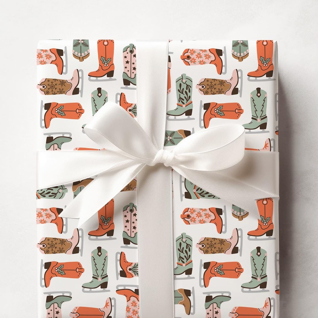 Cowboy Boot Ice Skate Christmas Wrapping Paper Sheets, Retro Cowgirl ...
