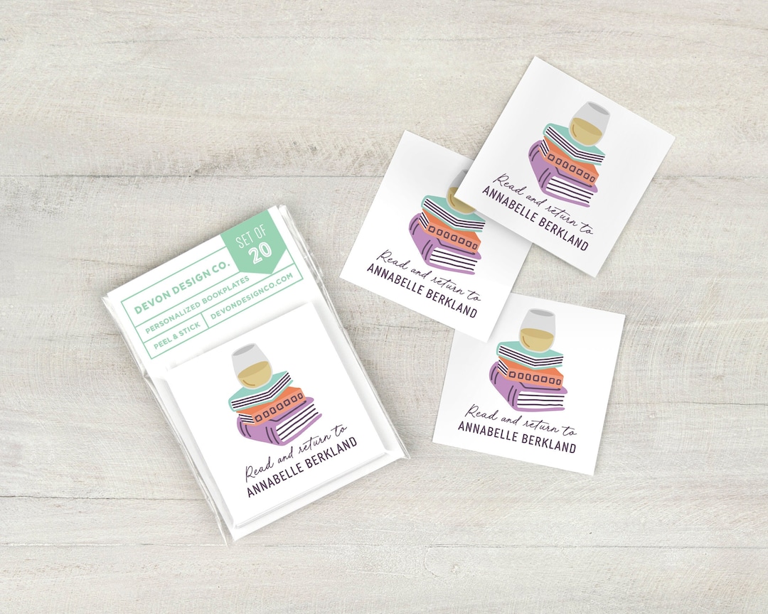 Personalized Bookplates With Books and Wine Glass, 2 Inch Custom Book ...